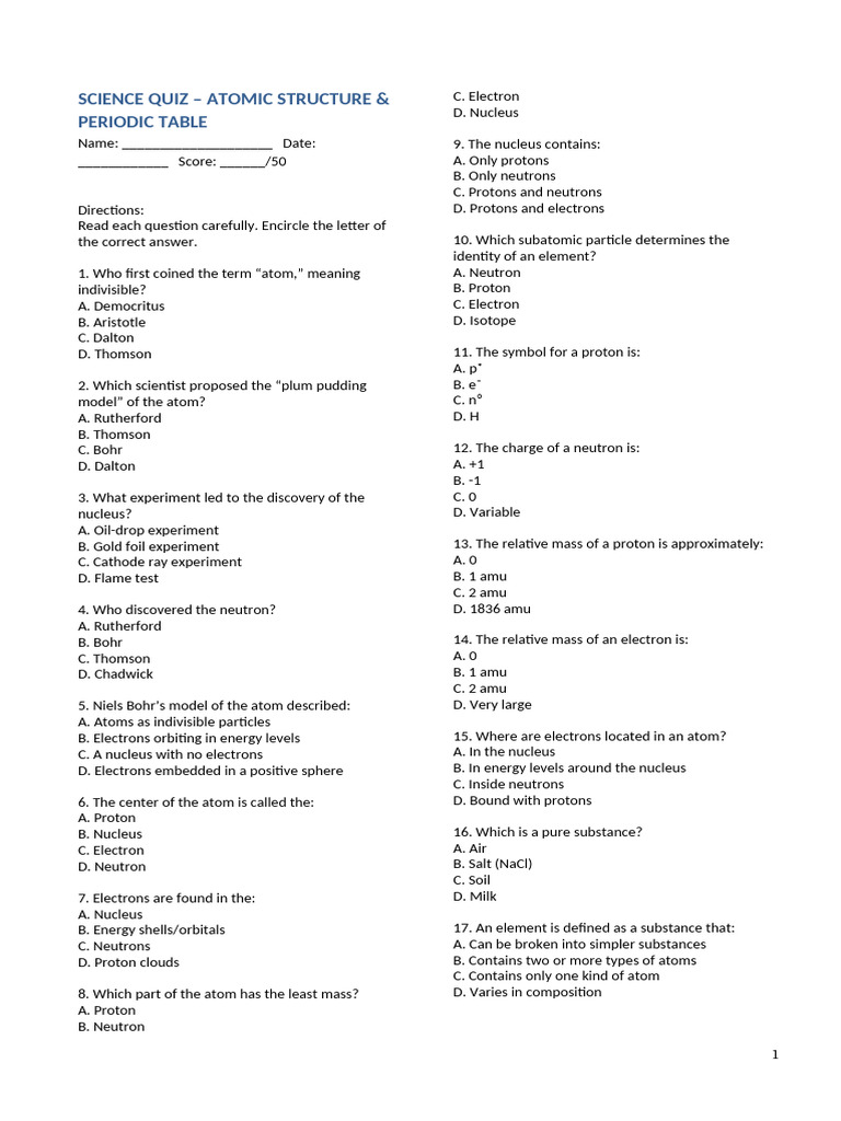 Science Quiz Atomic Structure | PDF | Atoms | Periodic Table