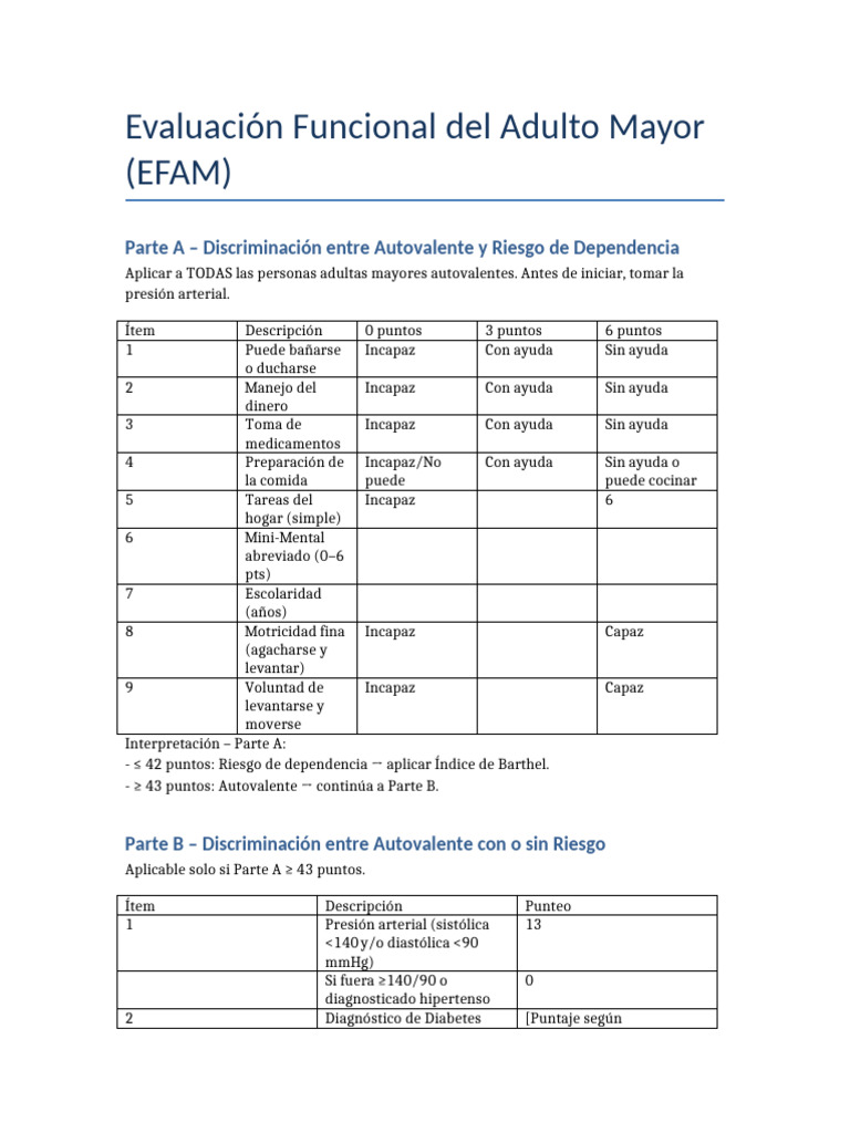 Evaluación Funcional Adulto Mayor: EFAM A y B | PDF | Sistema ...