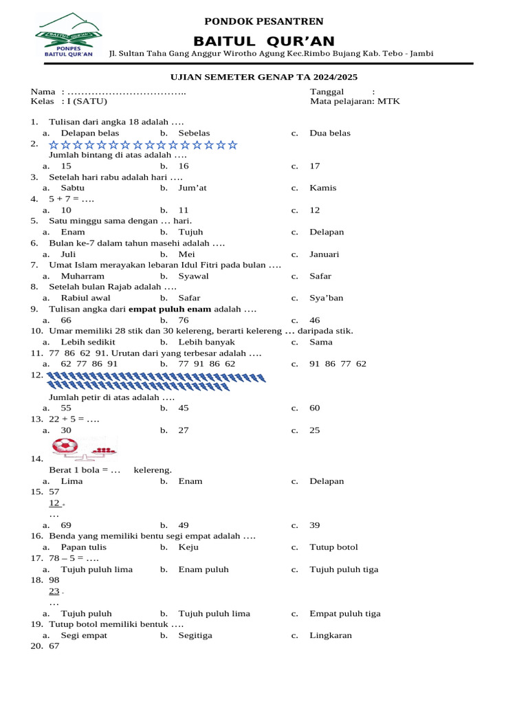 Soal Uas Mtk Kls 1 Pdf