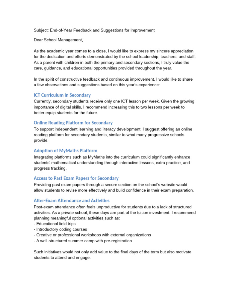 End-of-Year School Feedback & Suggestions | PDF | Teaching | Learning