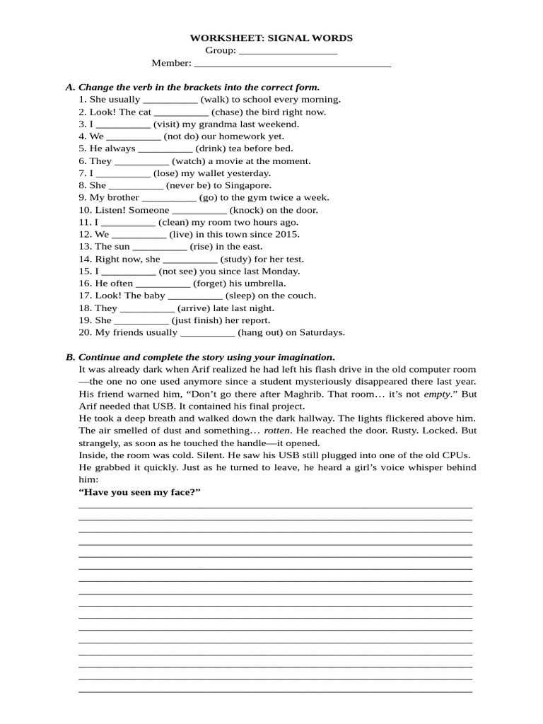 Signal Words Worksheet and Story Prompt | PDF