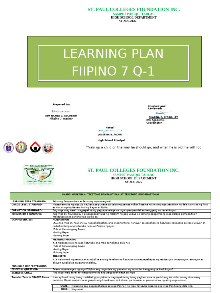 Filipino 7 - LP Quarter 1 | PDF