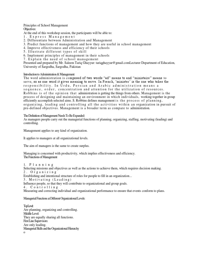 Principles of School Management | PDF | Psychological Concepts | Action ...