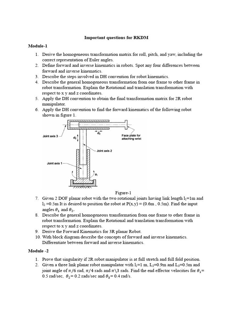 Robot Kinematics and Dynamics Questions | PDF | Kinematics | Lagrangian ...