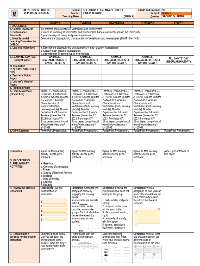Invertebrates Lesson Plan for Grade VI | PDF | Bivalvia | Insects