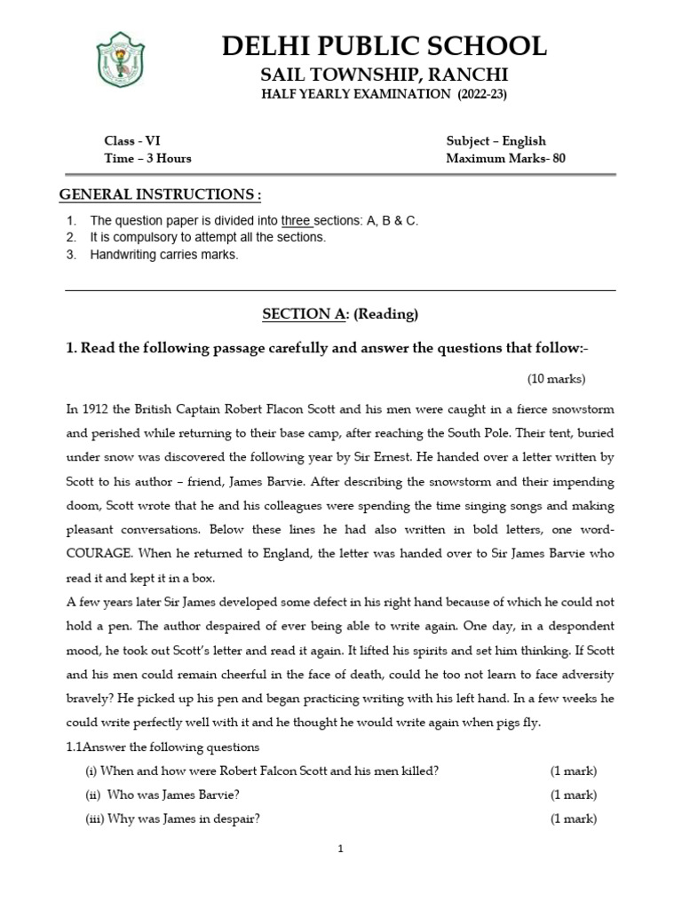 Class VI English Half-Yearly Exam 2022-23 | PDF | Pronoun | Verb