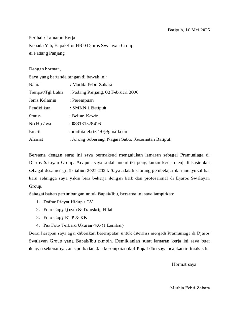 Lamaran Pramuniaga Djaros Swalayan | PDF