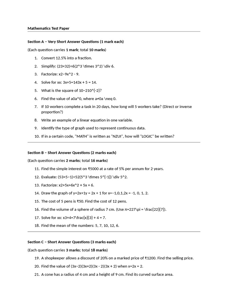 Comprehensive Mathematics Test Paper | PDF | Area | Mathematics
