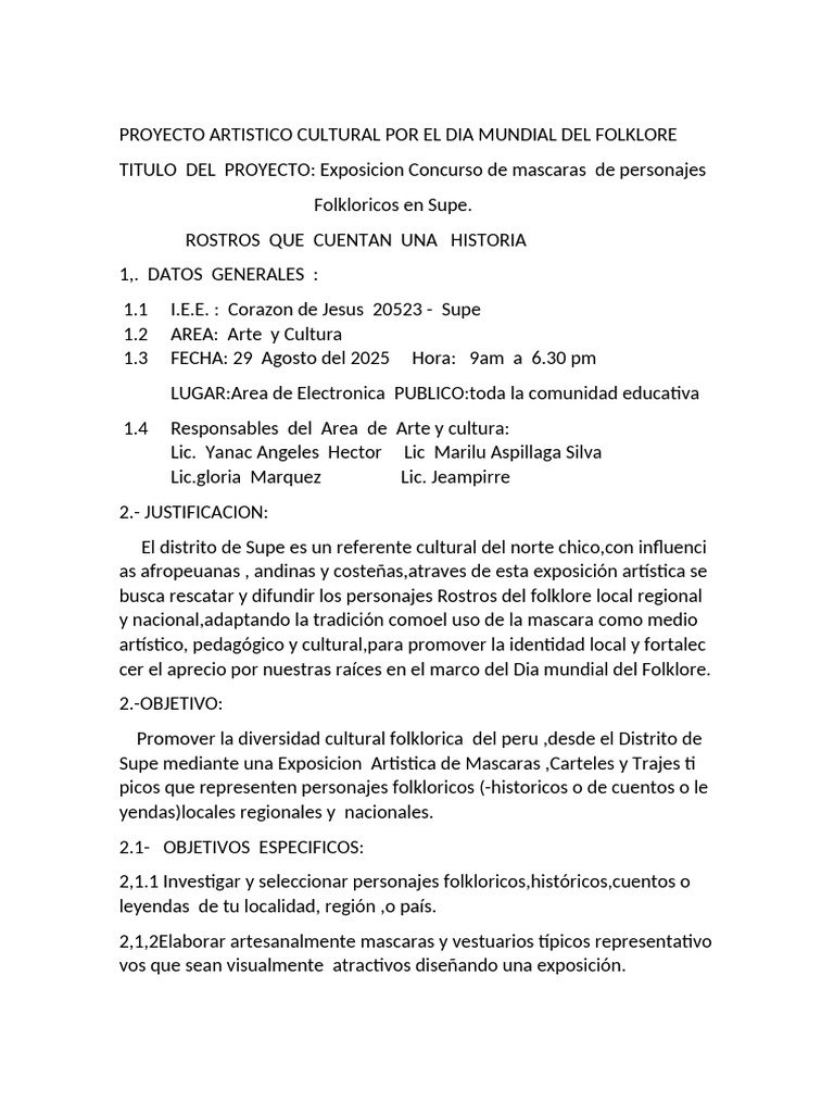 Proyecto Artistico Cultural Por El Dia Mundial Del Folklore | PDF