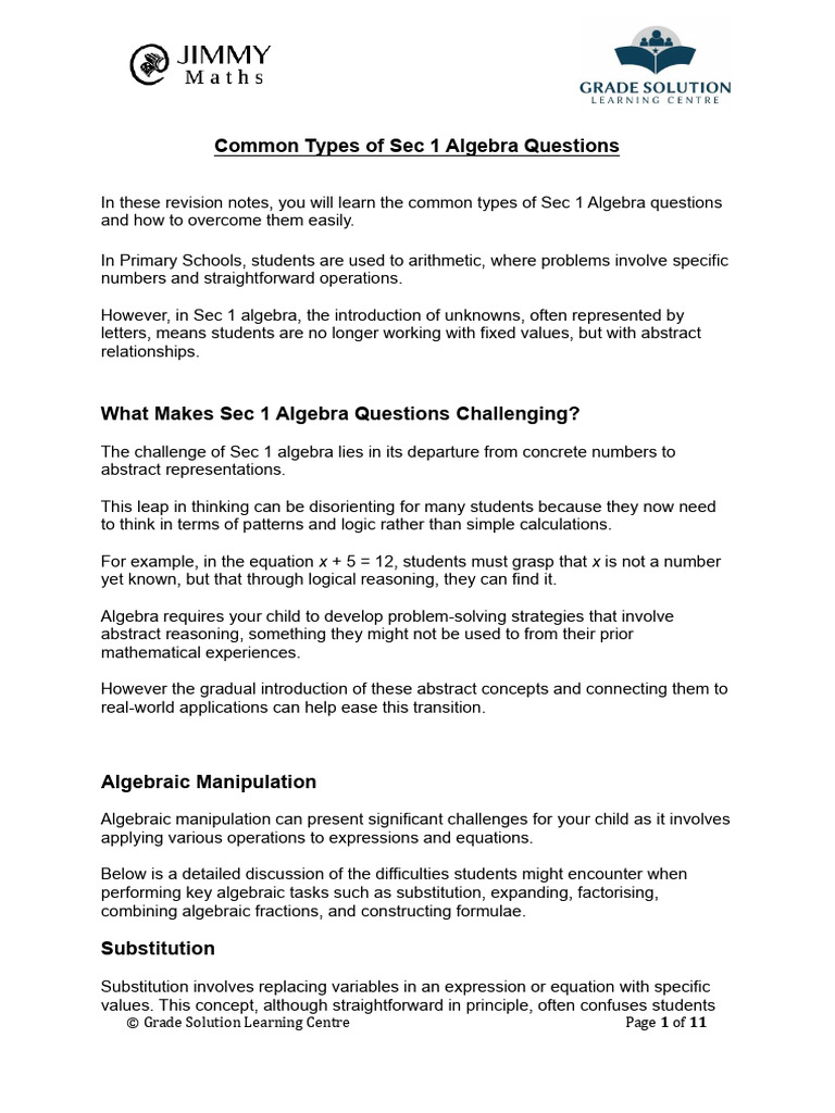 Common Types of Sec 1 Algebra Questions | PDF | Algebra | Equations