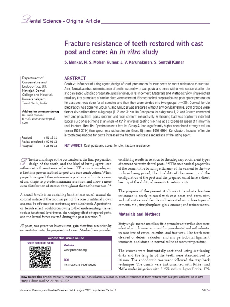 Fracture Resistance of Cast Posts Study | PDF | Dentistry Branches