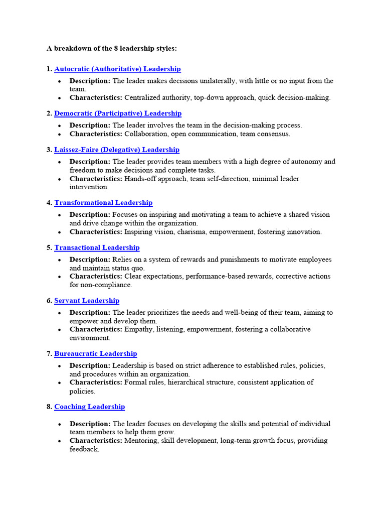 A Breakdown of The 8 Leadership Styles | PDF