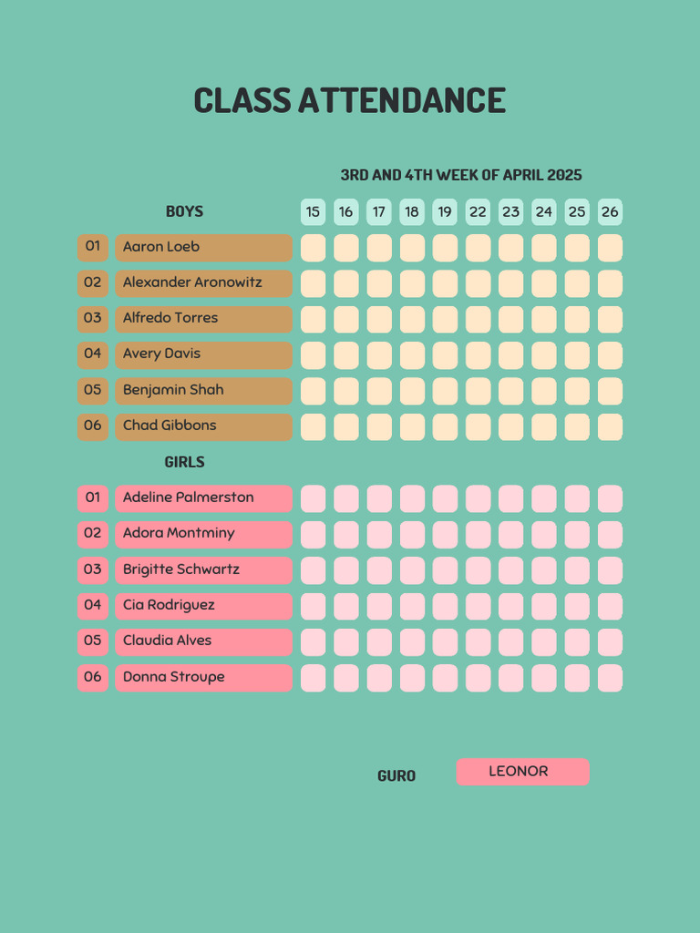 White Green Brown Pink Clean Class Attendance List | PDF