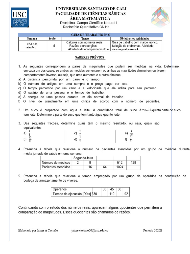 Guia de Raciocínio No. 5 2020B | PDF | Science | Tempo