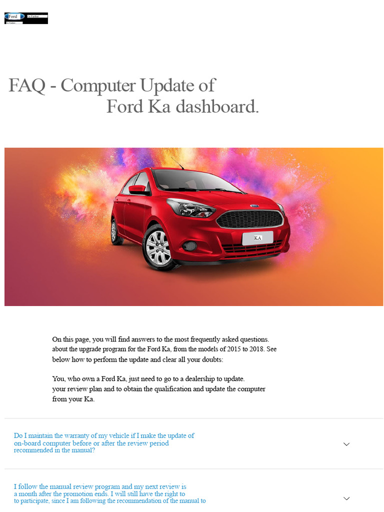 Ford Ka 2015-2018 Dashboard Update FAQ | PDF