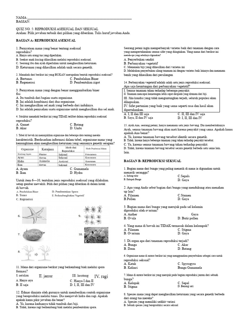 Quiz Reproduksi Aseksual dan Seksual | PDF
