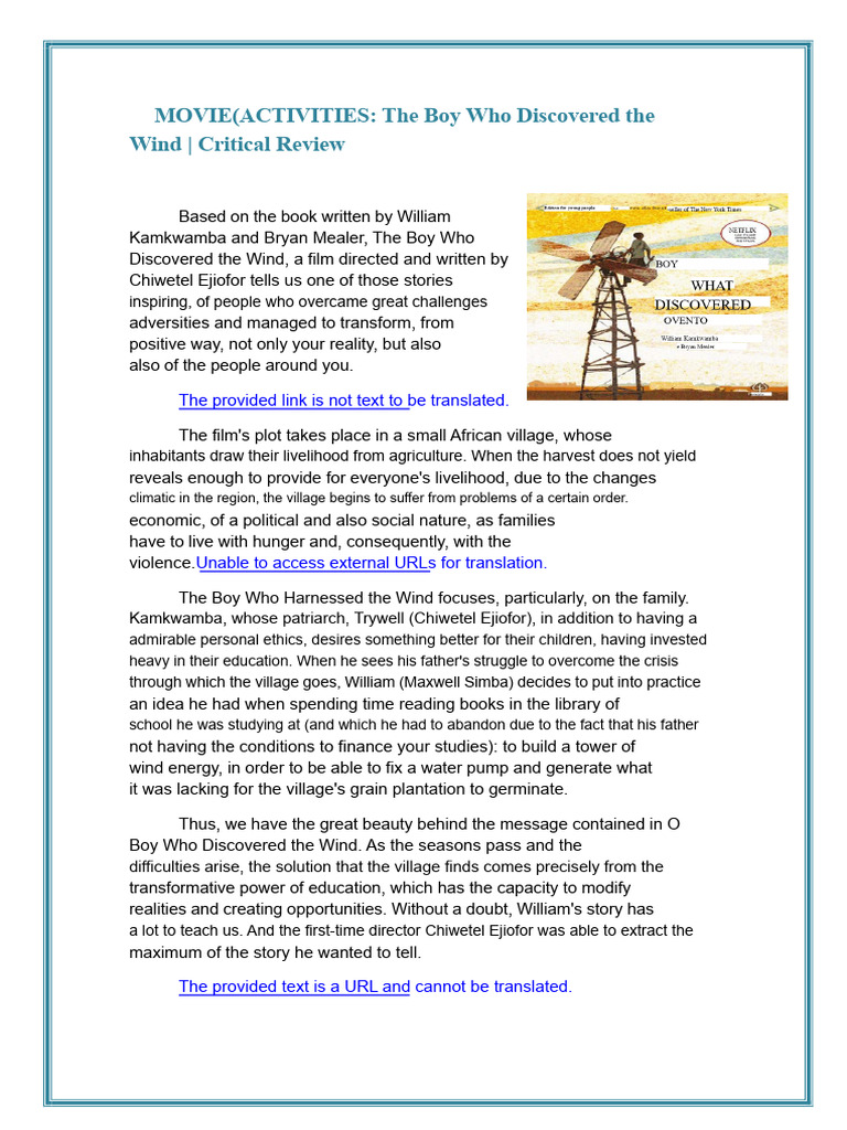 Critical Review of "The Boy Who Harnessed the Wind" | PDF