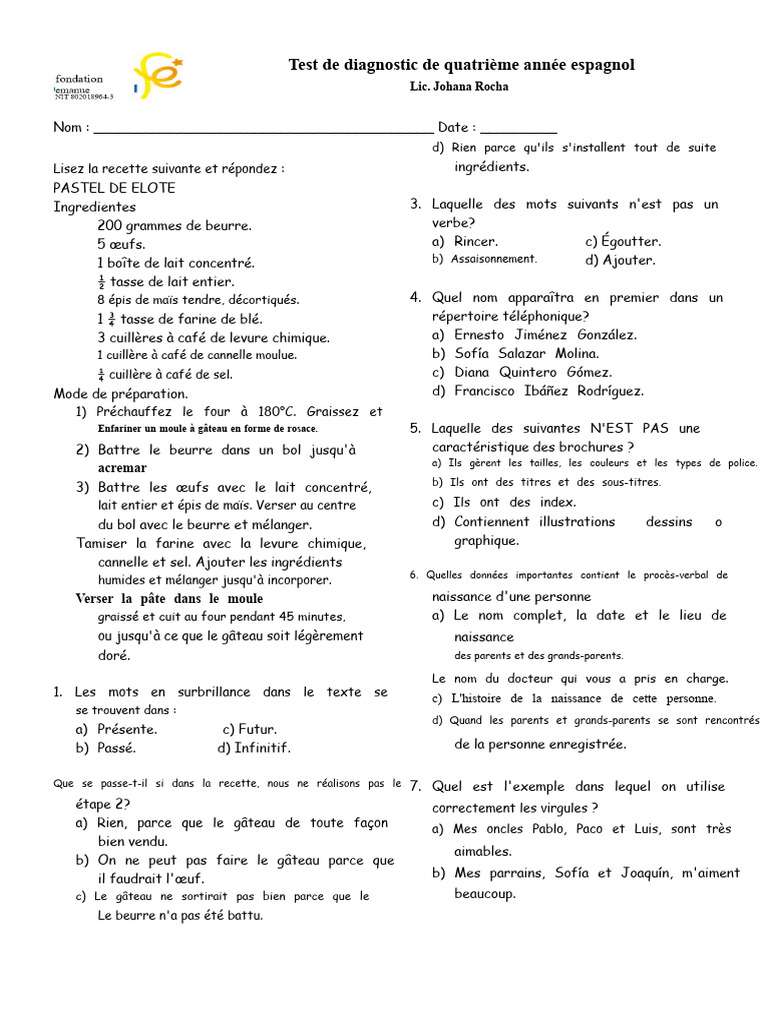 Test Diagnostique de Langue Espagnole 1ère Et 4ème | PDF | Nourritures