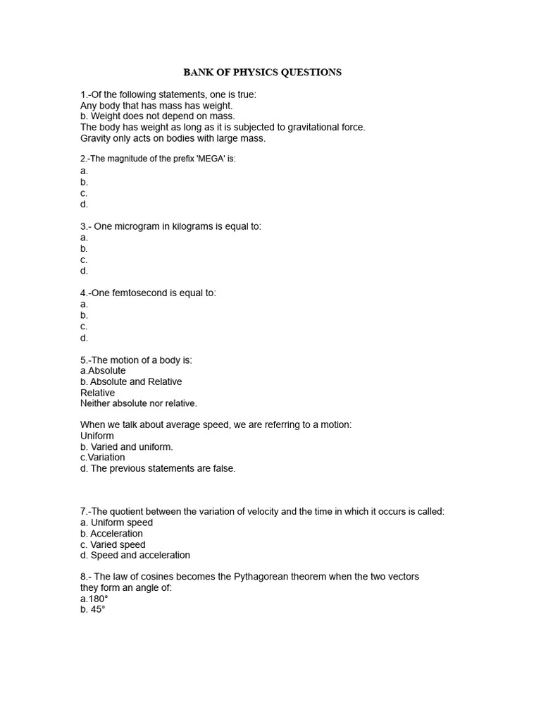 Physics Question Bank for Students | PDF | Acceleration | Mechanics