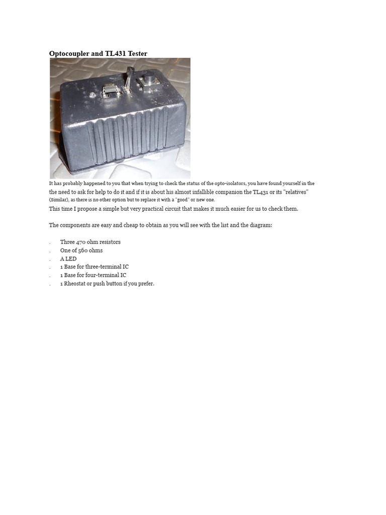 Optocoupler and TL431 Tester | PDF | Semiconductor Devices | Electronic ...