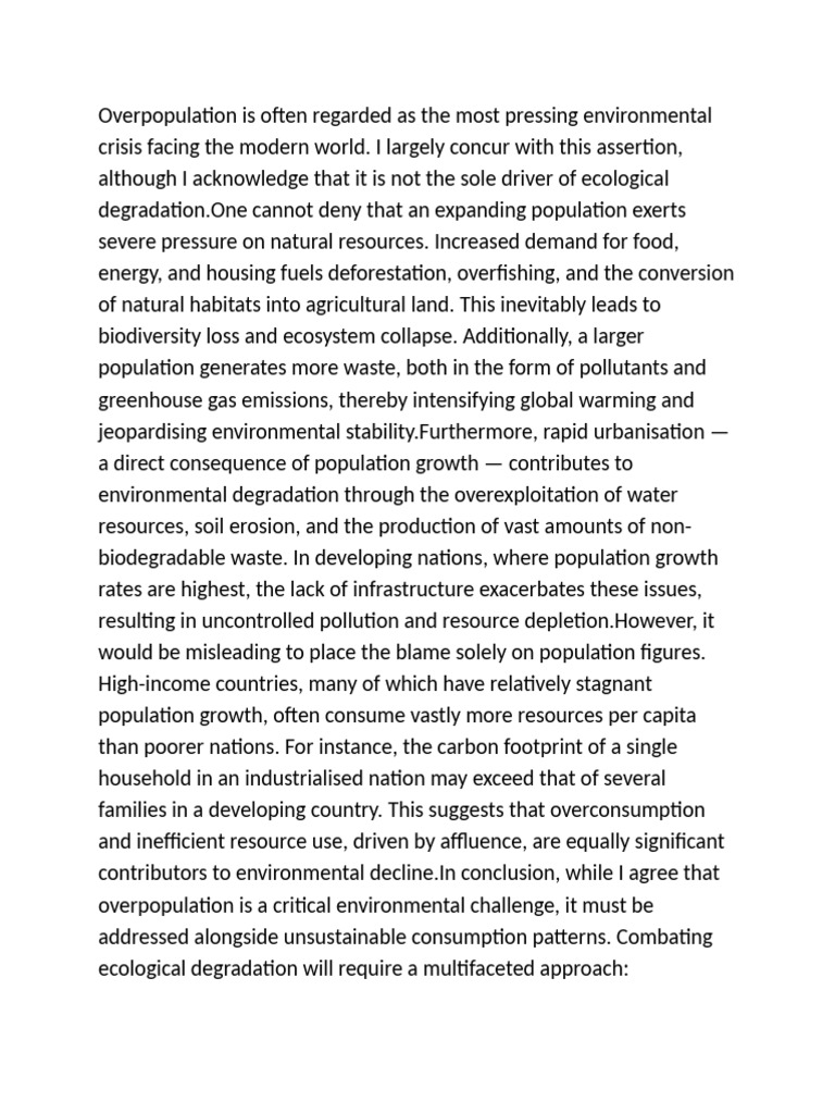 Overpopulation is Often Regarded as the Most Pressing Environmental Crisis Facing the Modern ...
