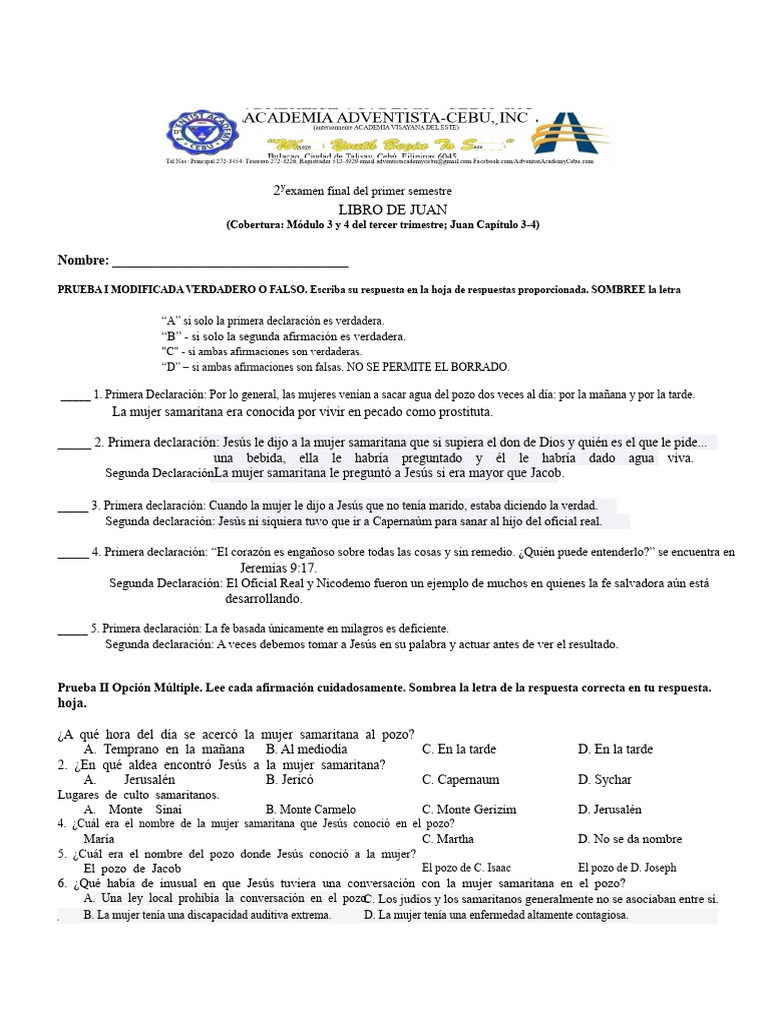 Libro de Juan Primer Examen Final Hoja de Prueba | PDF | Jesús ...