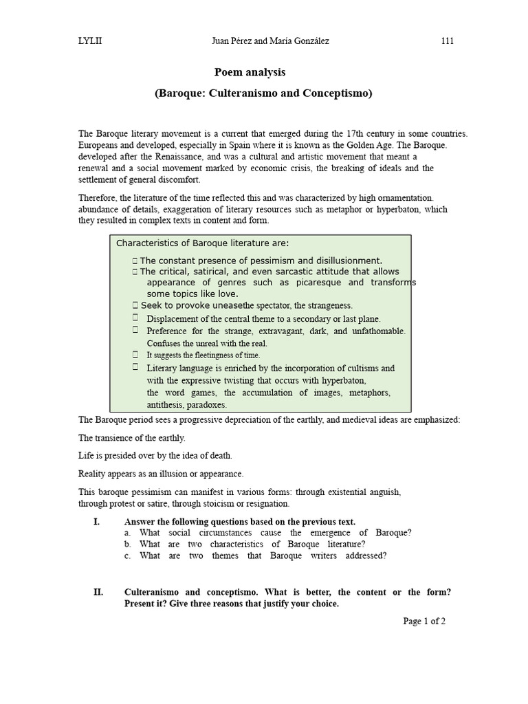 Poem Analysis (Baroque: Culteranismo and Conceptismo) : I. Answer The ...