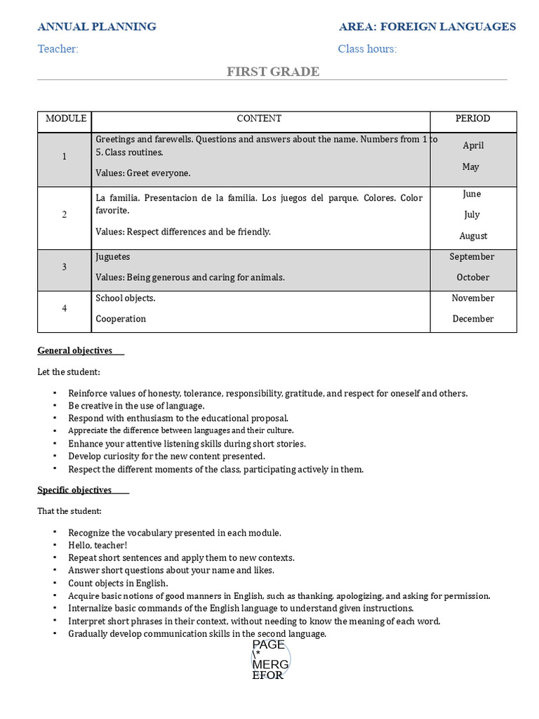 First Grade Foreign Language Planning | PDF | English Language | Vocabulary