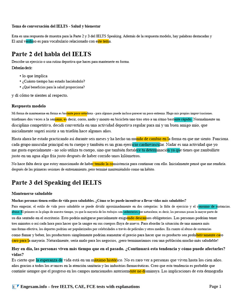 IELTS Speaking 2 y 3 - Salud y Bienestar | PDF | Deportes