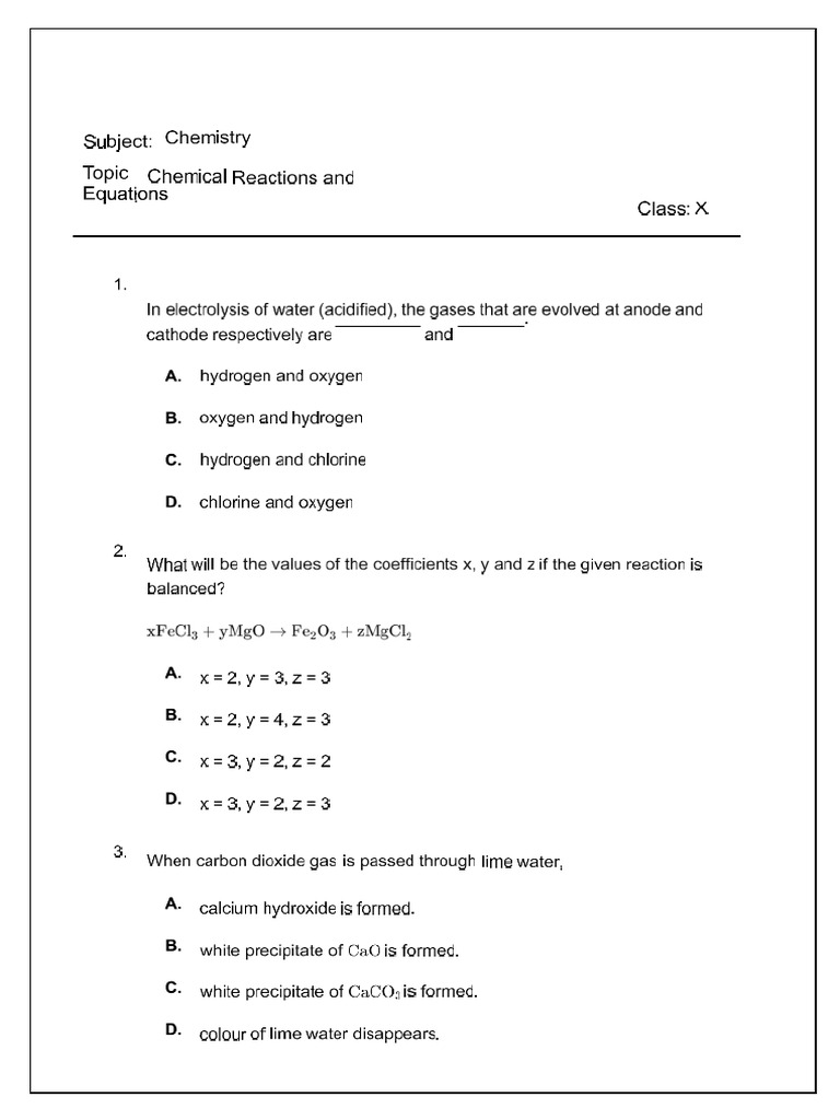 Question Paper Chemical Reactions and Equations | PDF