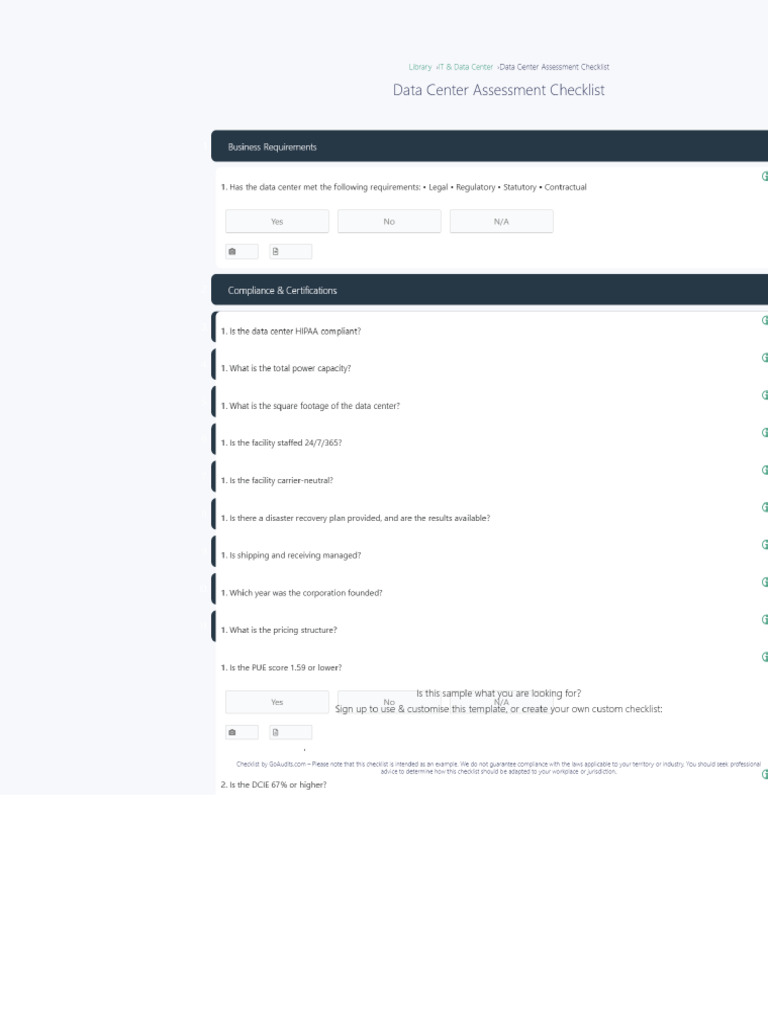 GoAudits - Data Center Assessment Checklist (Sample) | PDF