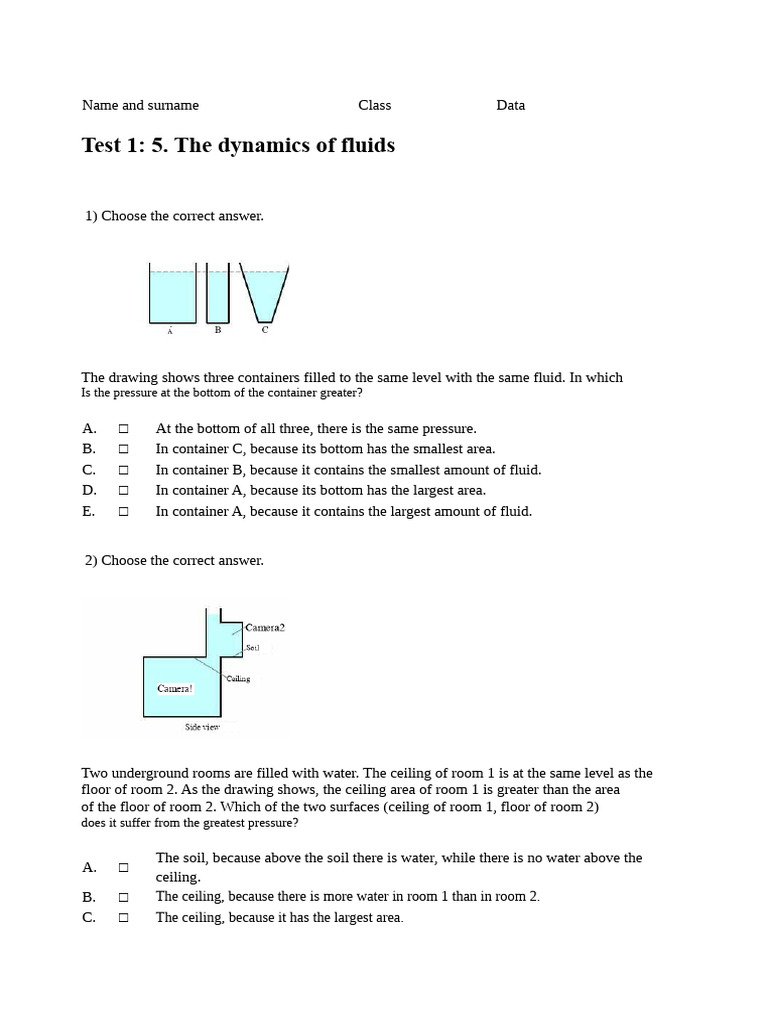 Fluid Dynamics Test Questions | PDF | Buoyancy | Pressure