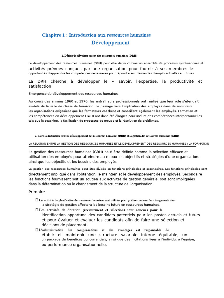 Notes DRH | PDF | Gestion des ressources humaines | Apprentissage
