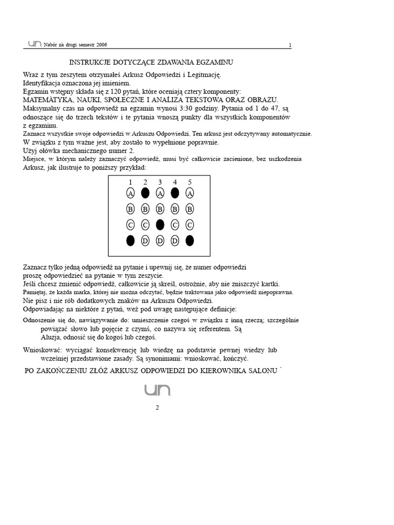 Symulacja UNAL Test Wstępny 3 Z Odpowiedziami | PDF