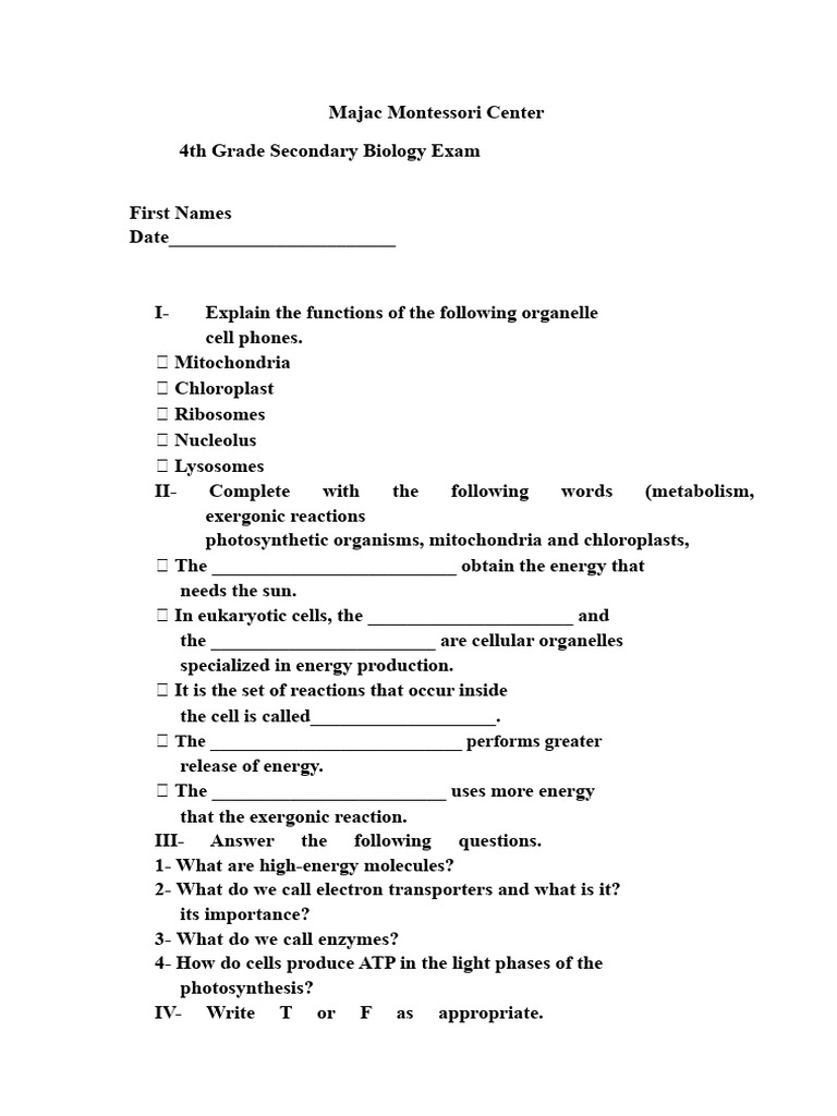 4th Grade Biology Exam on Cell Functions | PDF | Cell (Biology) | Biology