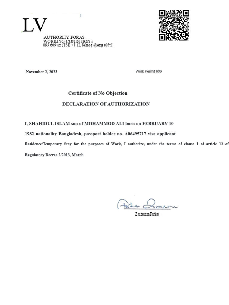AUTHORIZATION DECLARATION - PORTUGAL - WORK - ORDER - Id 38 | PDF | Identity Document
