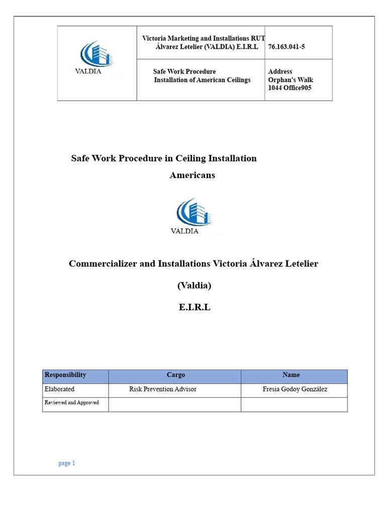 Safe Work Procedure For Installation of American Ceilings VALDIA | PDF