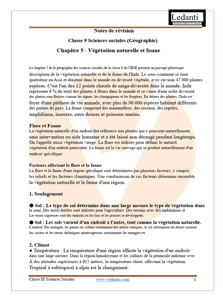 Notes de Géographie de La Classe 9 Du CBSE Chapitre 5 - Végétation ...
