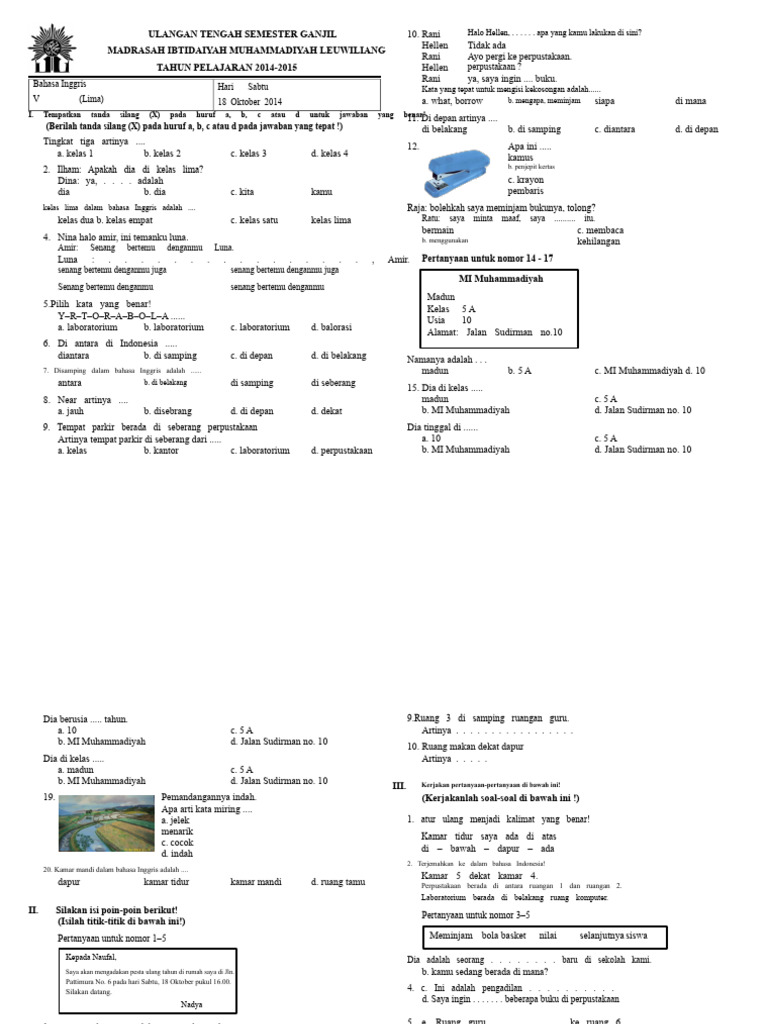 Example UTS Questions For 5th Grade English | PDF