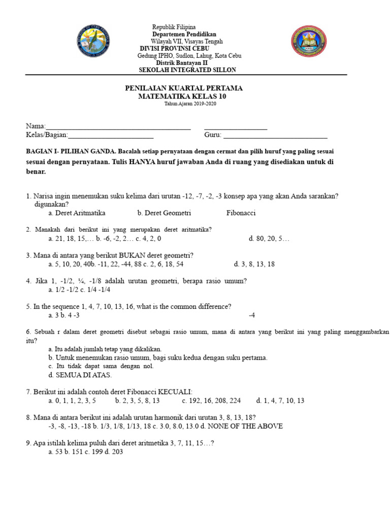 Ujian Kuartal Pertama Di Matematika 10 | PDF
