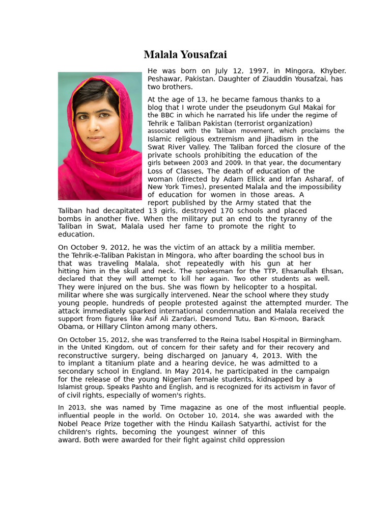 Biography of Malala Yousafzai | PDF | Malala Yousafzai