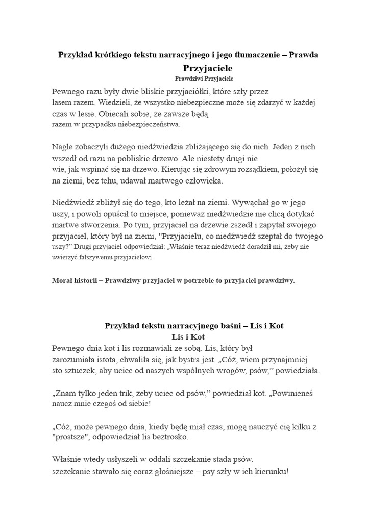 Przykład Krótkiego Tekstu Narracyjnego I Jego Tłumaczenie | PDF