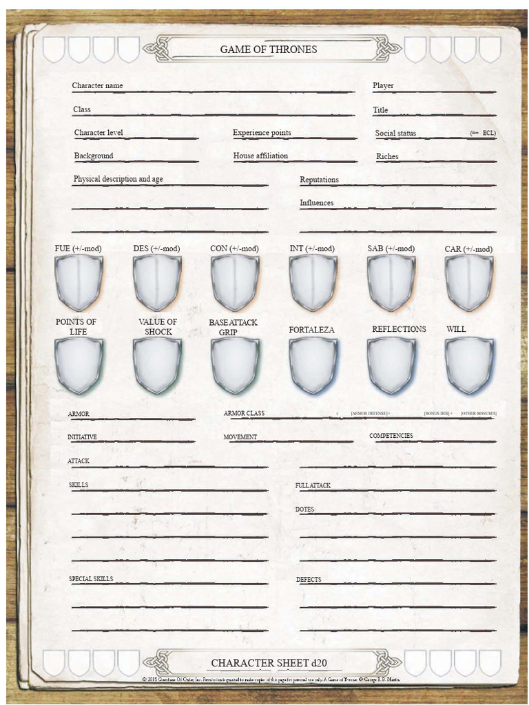 Game of Thrones - Character Sheet (Editable) | PDF
