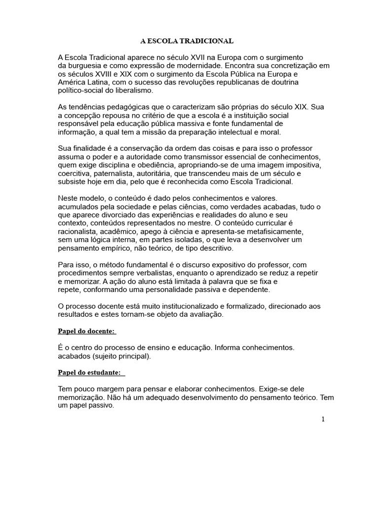 Escola Tradicional vs. Escola Nova: Comparativo | PDF | Pedagogia ...