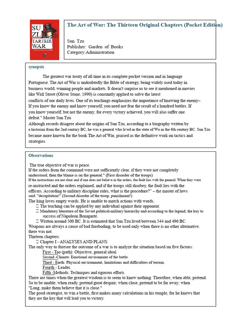 Summary - The Art of War - Sun Tzu | PDF | The Art Of War | Sun Tzu