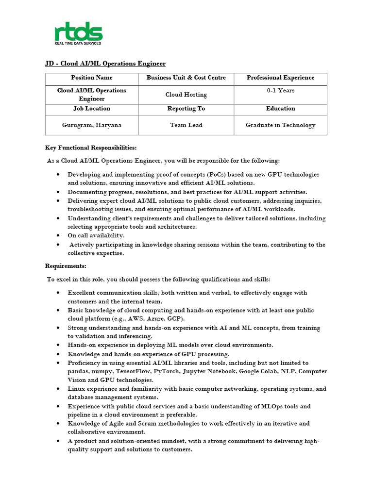 JD - Cloud AIML Operations Engineer | PDF | Cloud Computing | Computer ...