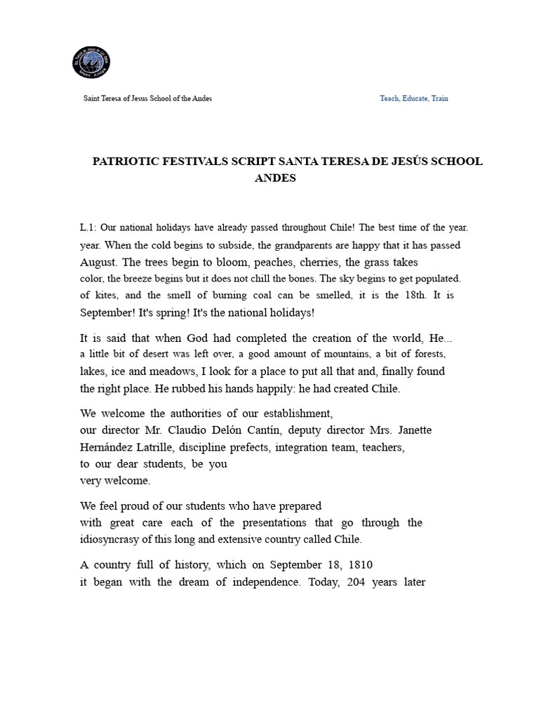 Script For National Holidays at Santa Teresa de Jesús de Los Andes ...