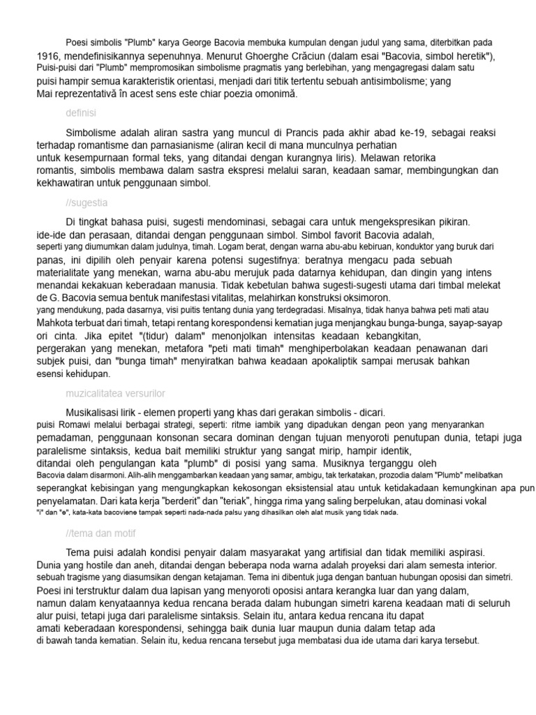 Tema dan visi dalam puisi "Plumb" karya G. Bacovia | PDF