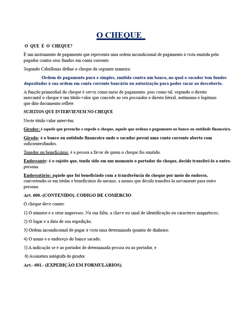 Entenda o Cheque: Definição e Funções | PDF | Cheque (banco) | Conta de ...