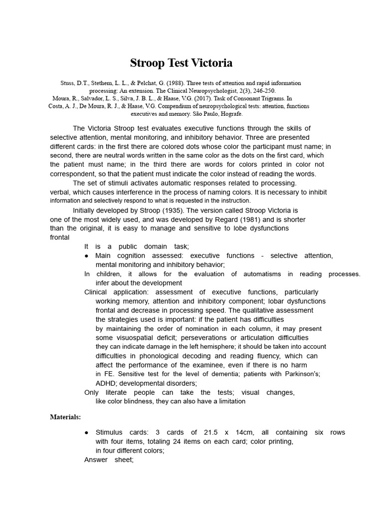 Victoria Stroop Test Overview | PDF | Executive Functions | Attention